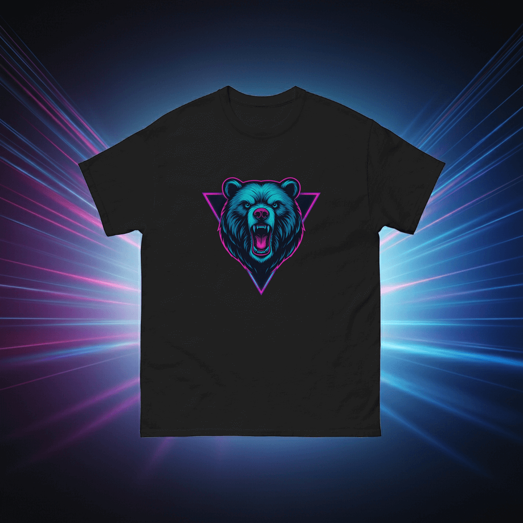 Neon Grizzly Bear T-Shirt – Retro Synthwave Tee – Obtuse Mongoose